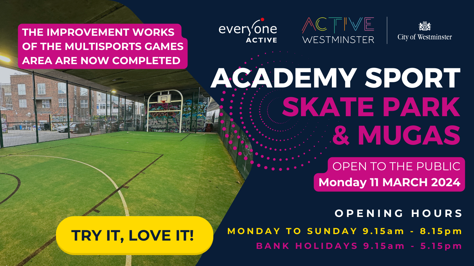 Academy Sport Skate Park & MUGAs Re-opening next Monday 11th March 2024 - ActiveWestminster